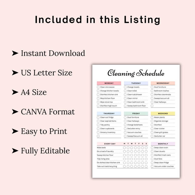 Editable Cleaning Schedule Canva, Printable Weekly Cleaning Checklist ...