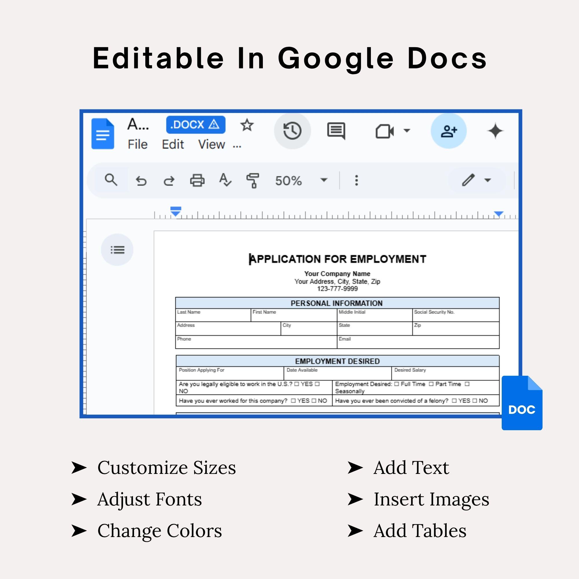 Editable Job Application Template: US Letter & A4 (google Docs, Word ...