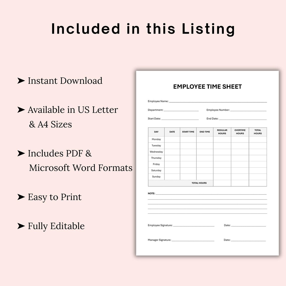 Employee Time Sheet Log Printable | Small Business Timecard Sheet ...