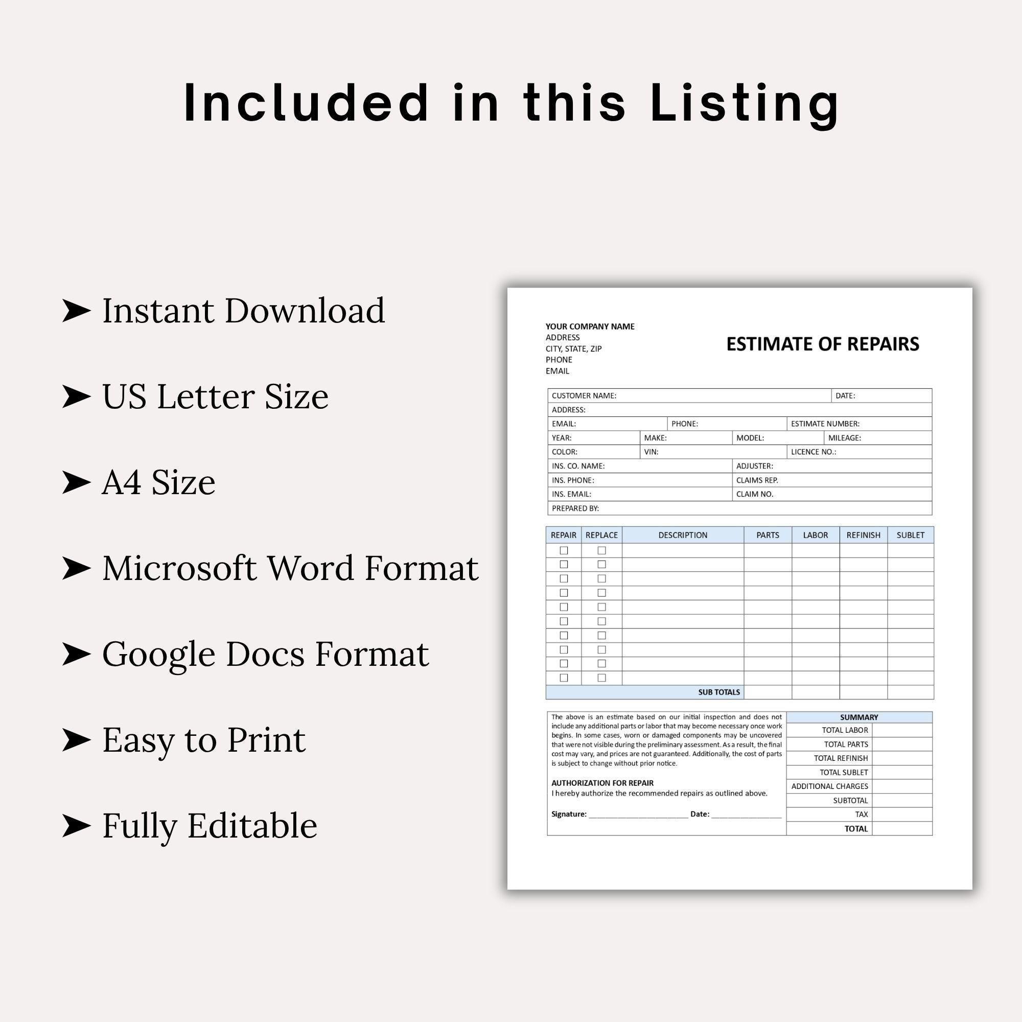 Editable Auto Repair Estimate Template. Automotive Service Invoice ...