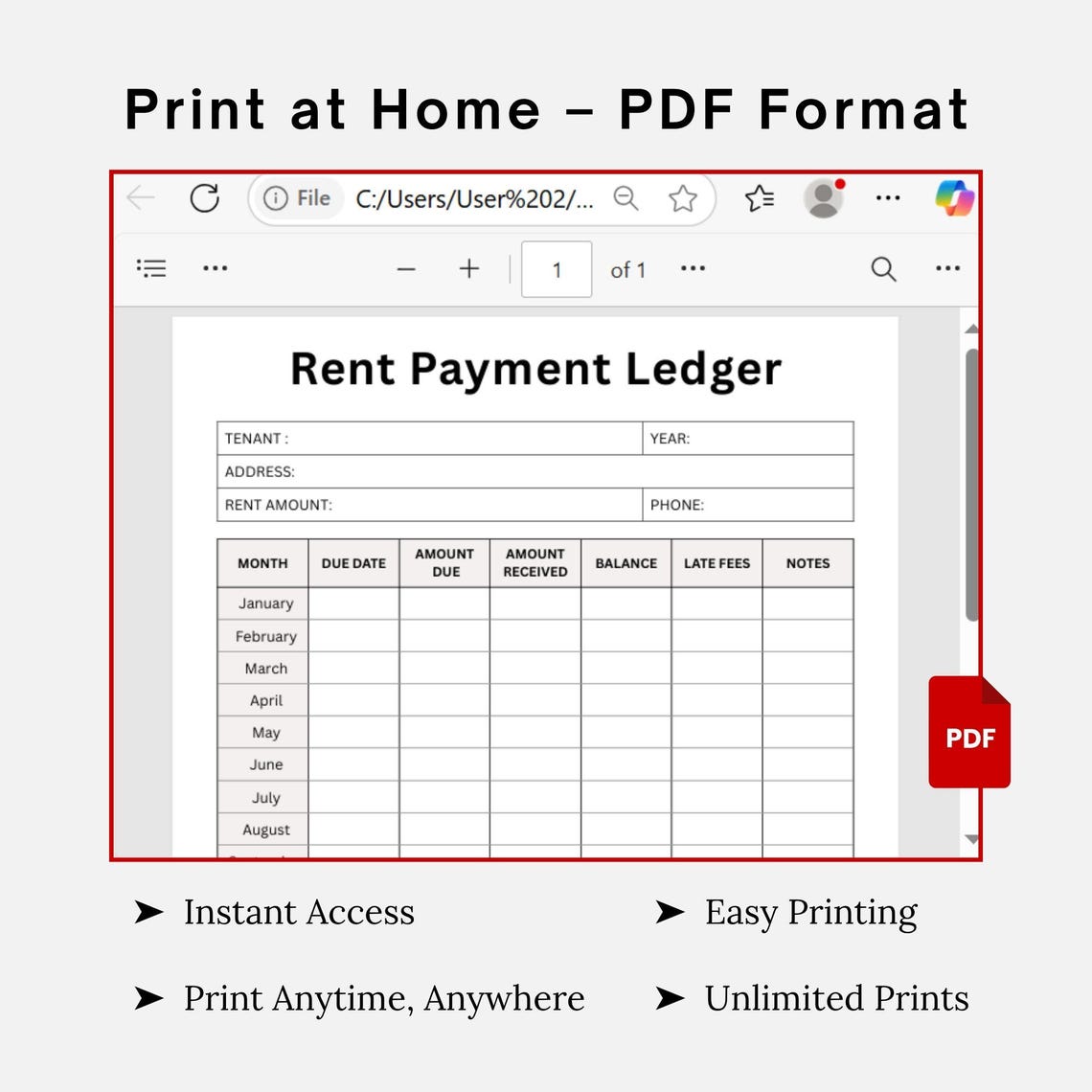 Printable Monthly Rent Payment Ledger: Landlord Rental Income Log (PDF ...