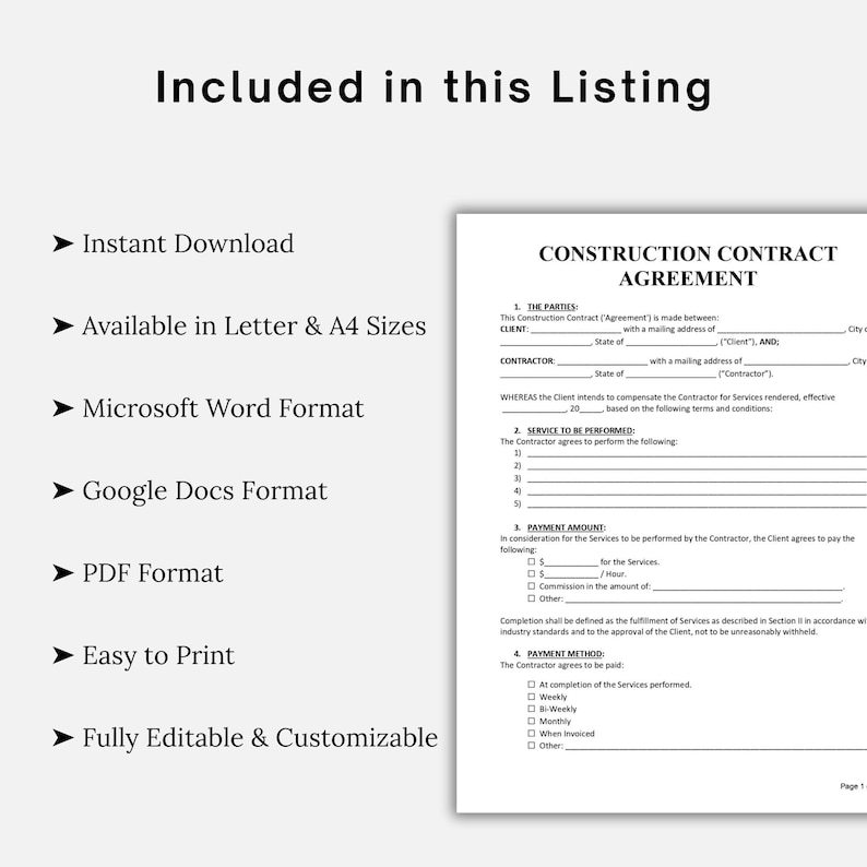 Editable Construction Contract Template: Printable Agreement Form (PDF ...