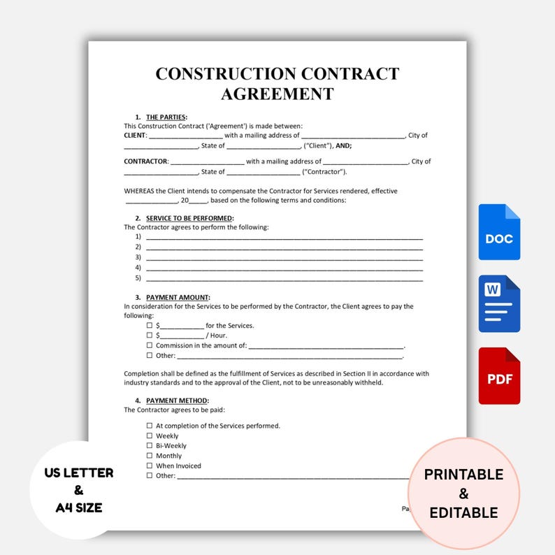 Editable Construction Contract Template: Printable Agreement Form (PDF ...
