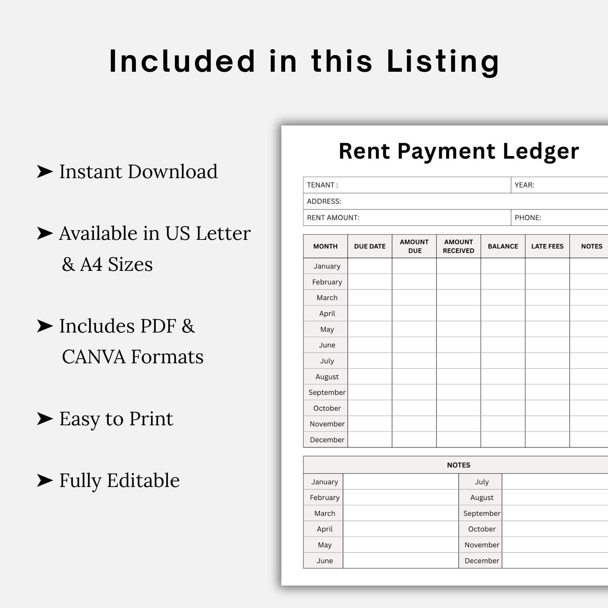 Printable Monthly Rent Payment Ledger: Landlord Rental Income Log (PDF ...