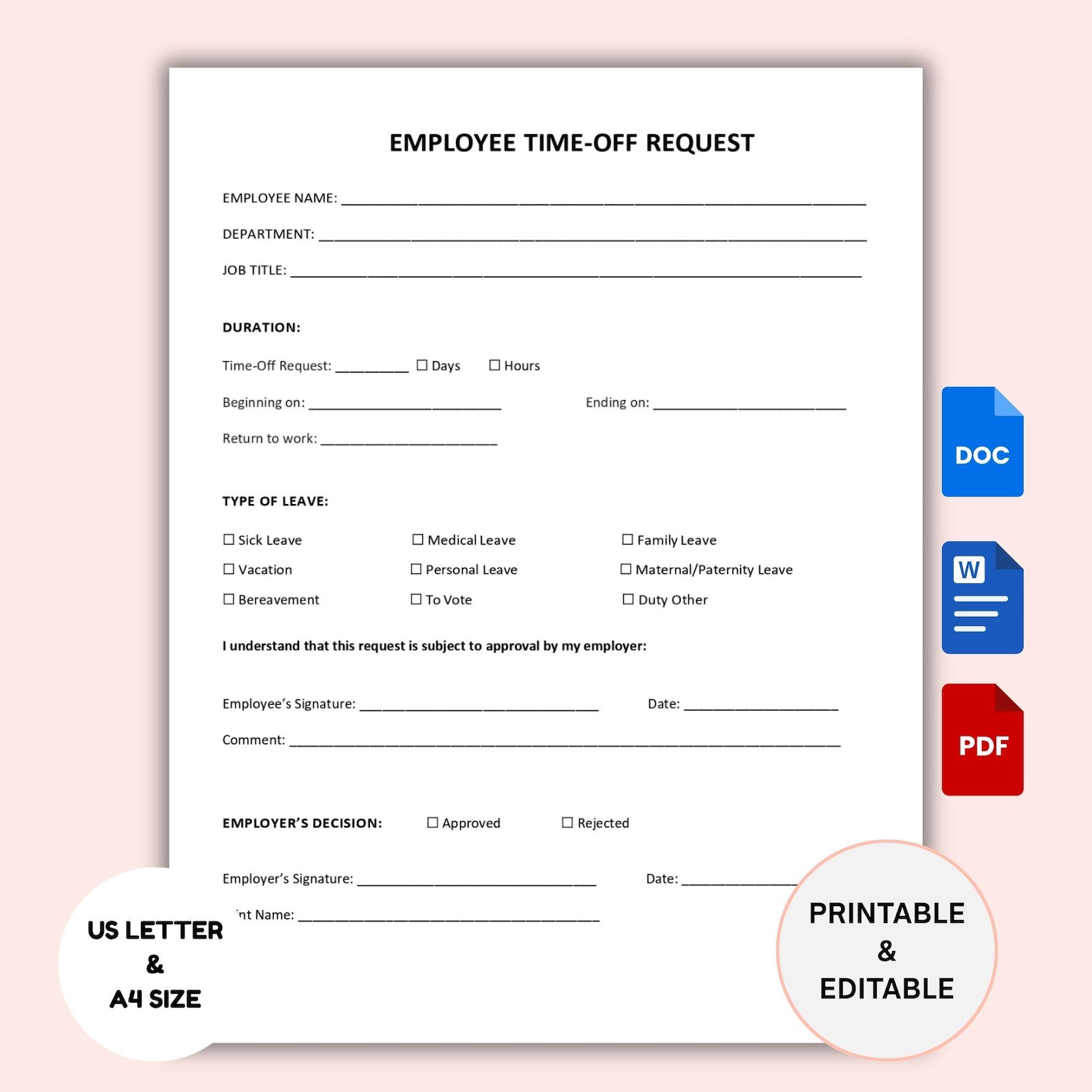 Employee Time-off Request Template: Editable Word, PDF, Google Docs ...