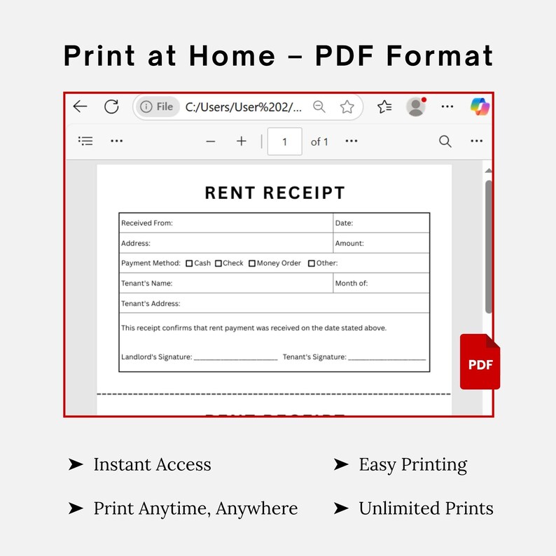 Simple Rent Receipt Template Printable | Editable Receipt for Rental Payment | Landlord Tenant ...