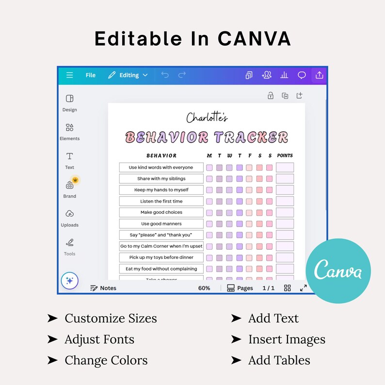 Editable Kids Behavior Reward Chart: Printable Chore Tracker (canva ...