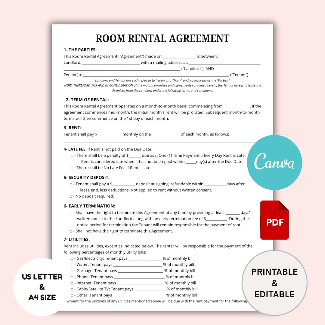 Simple Room Rental Agreement Template, Room Tenancy Contract, Printable ...