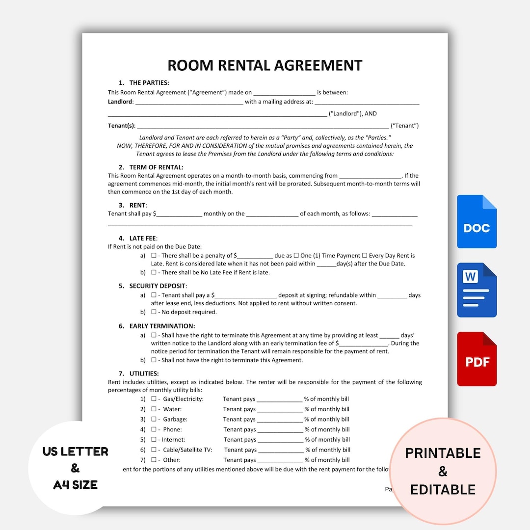 Room Rental Agreement Template Printable. Editable Room Tenancy ...