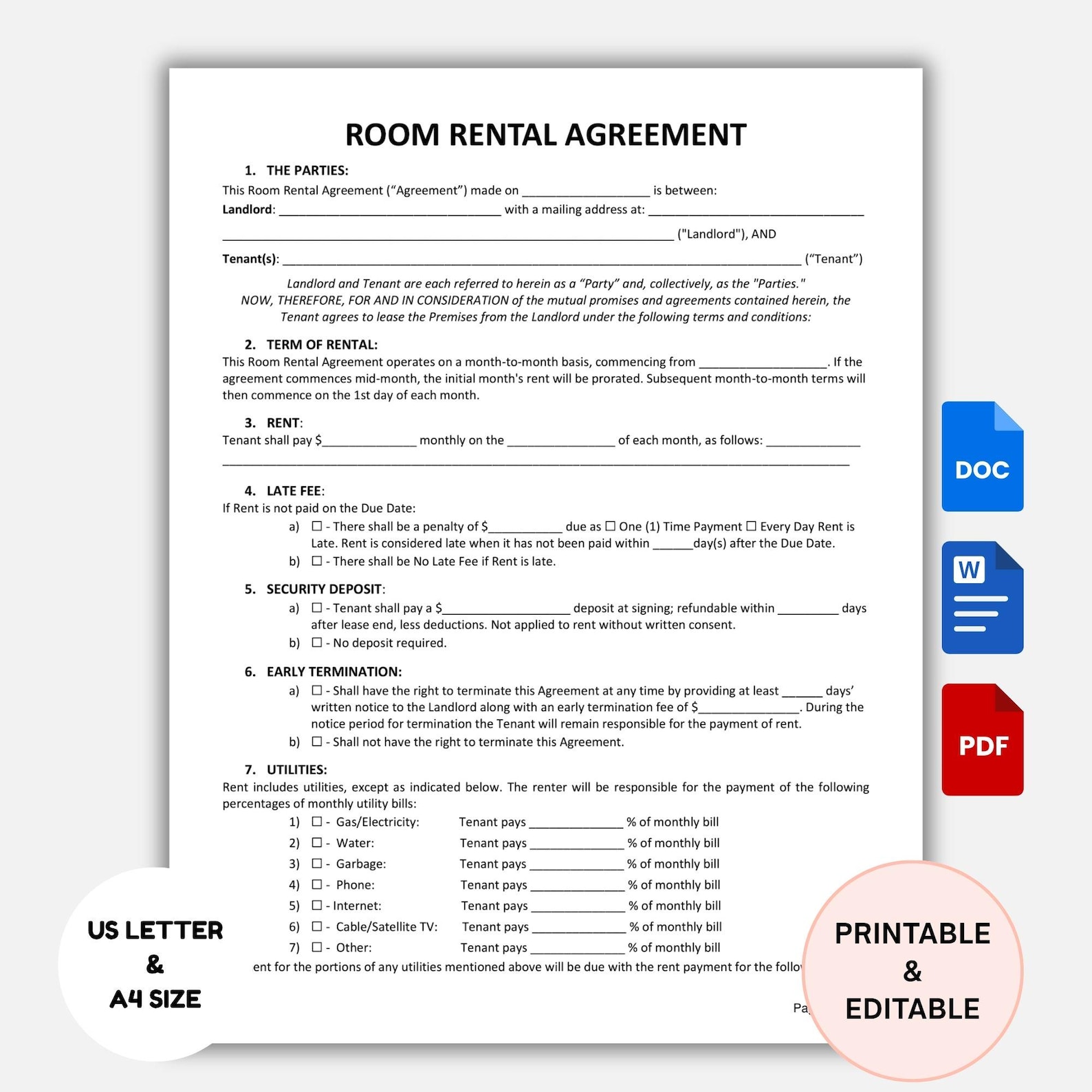 Room Rental Agreement Template Printable. Editable Room Tenancy ...