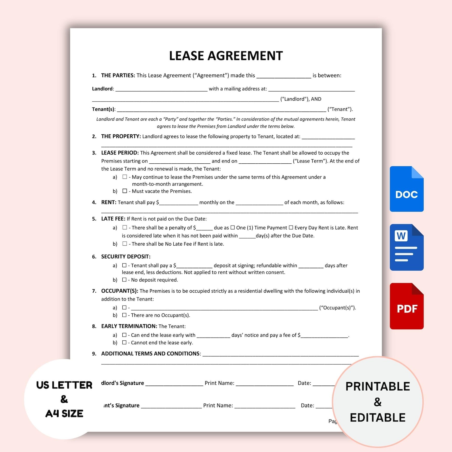 Editable Rental Agreement Template: Month-to-month Lease (word, PDF ...