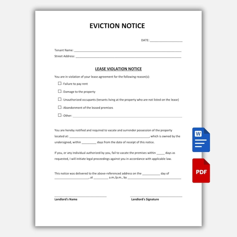 Editable Eviction Notice Template: Landlord Notice to Vacate (word, PDF ...