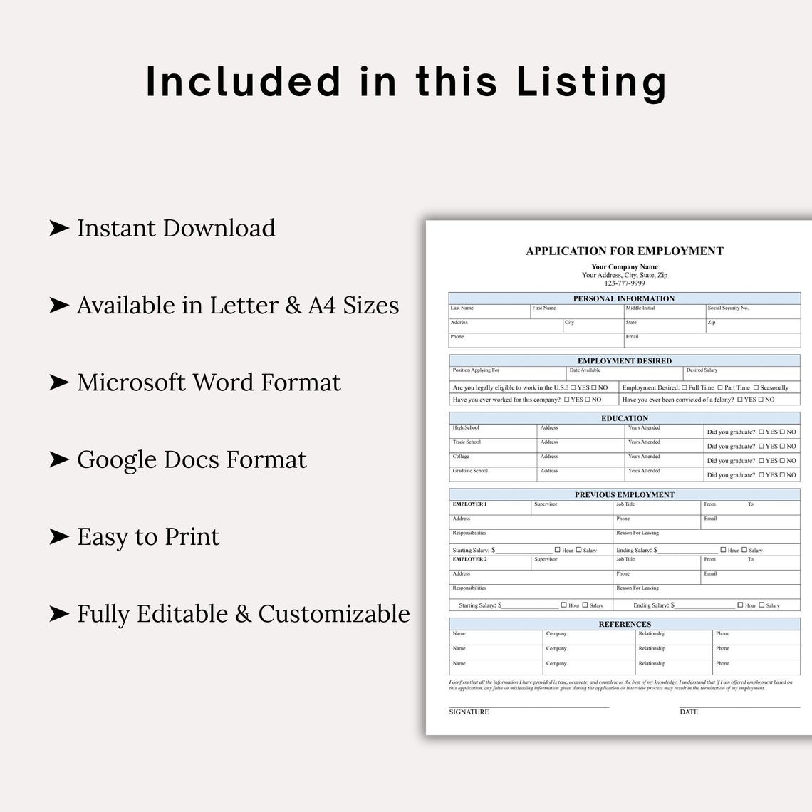 Application for Employment Form Editable | Job Application Template ...