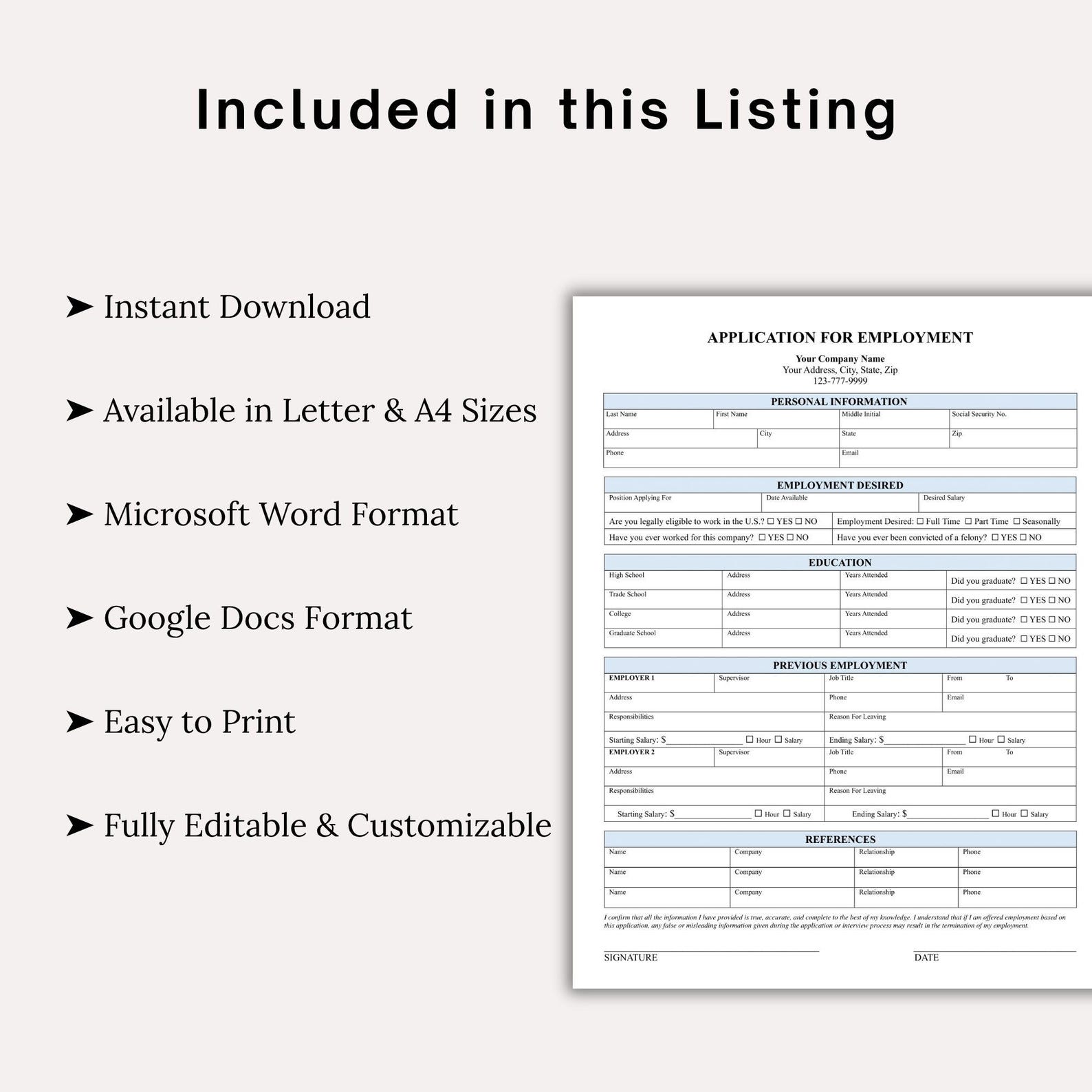 Application for Employment Form Editable | Job Application Template ...