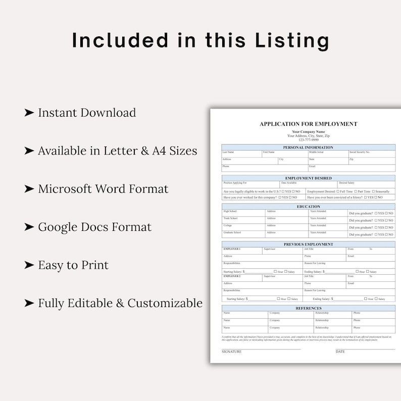 Editable Job Application Template: US Letter & A4 (google Docs, Word ...
