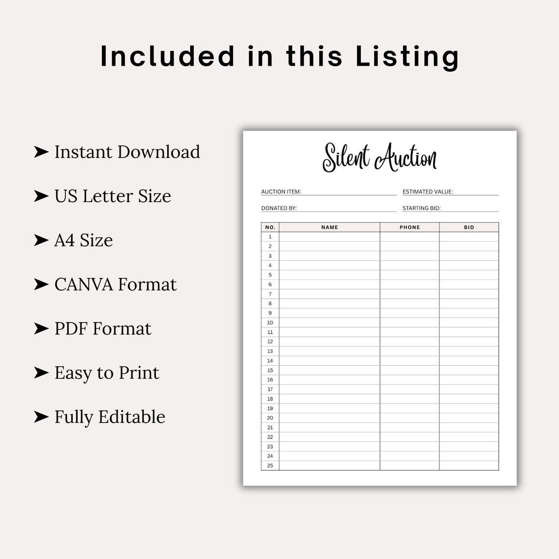 Silent Auction Bid Sheet Printable, Silent Auction Sign up Sheet ...