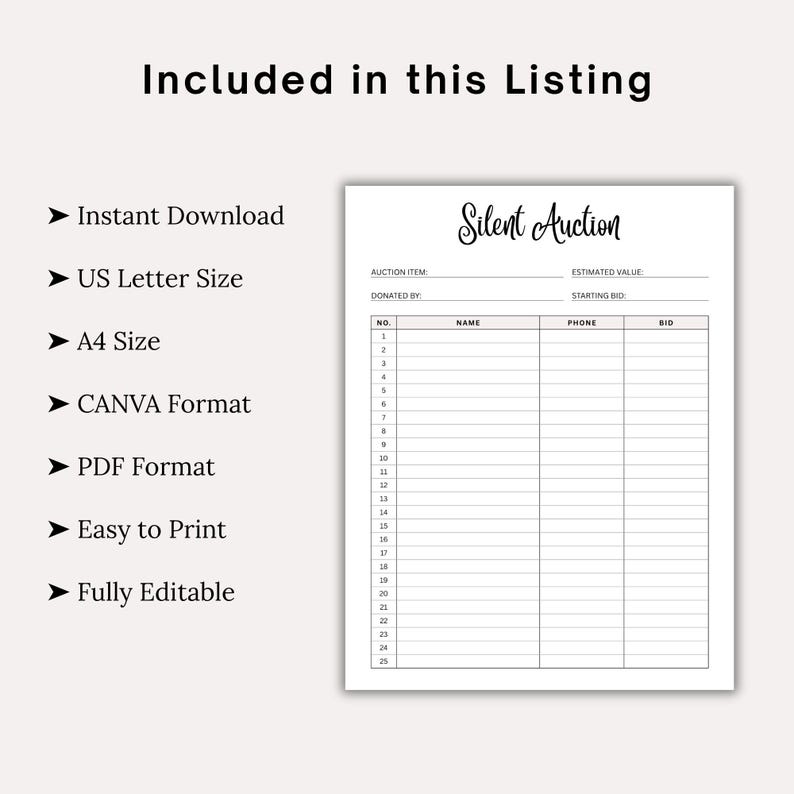 Silent Auction Bid Sheet Printable, Silent Auction Sign up Sheet ...