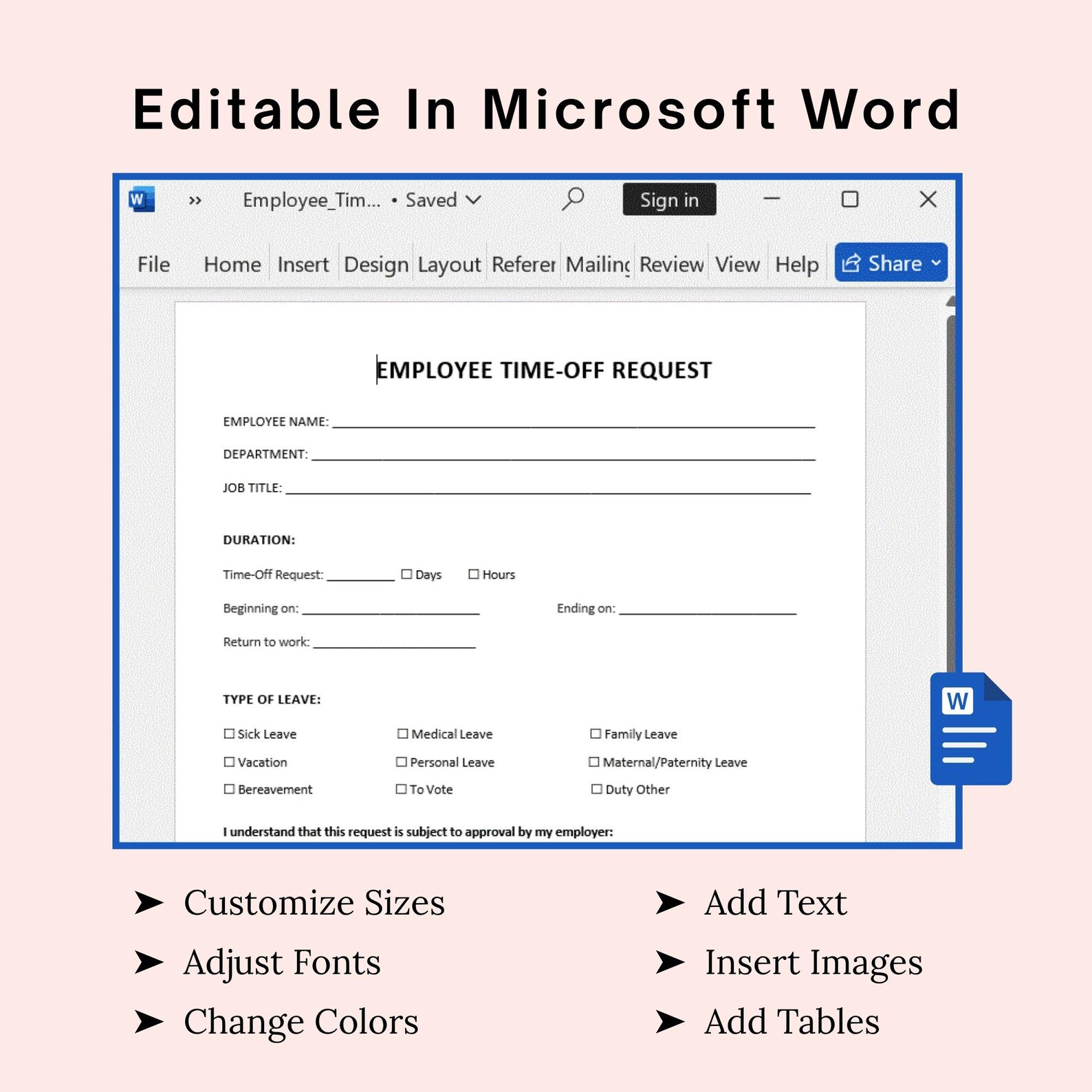 Employee Time-off Request Template: Editable Word, PDF, Google Docs ...