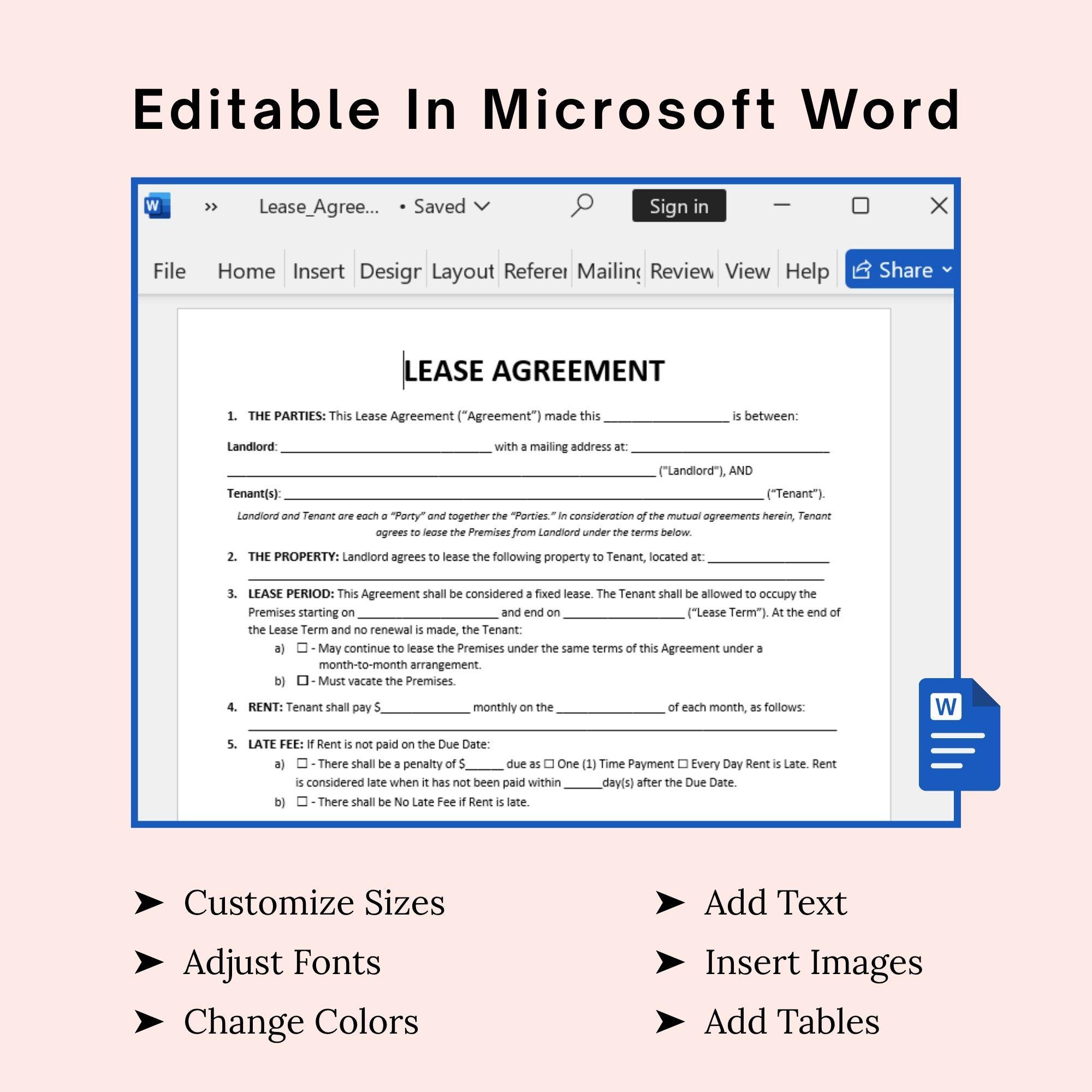 Editable Rental Agreement Template: Month-to-month Lease (word, PDF ...