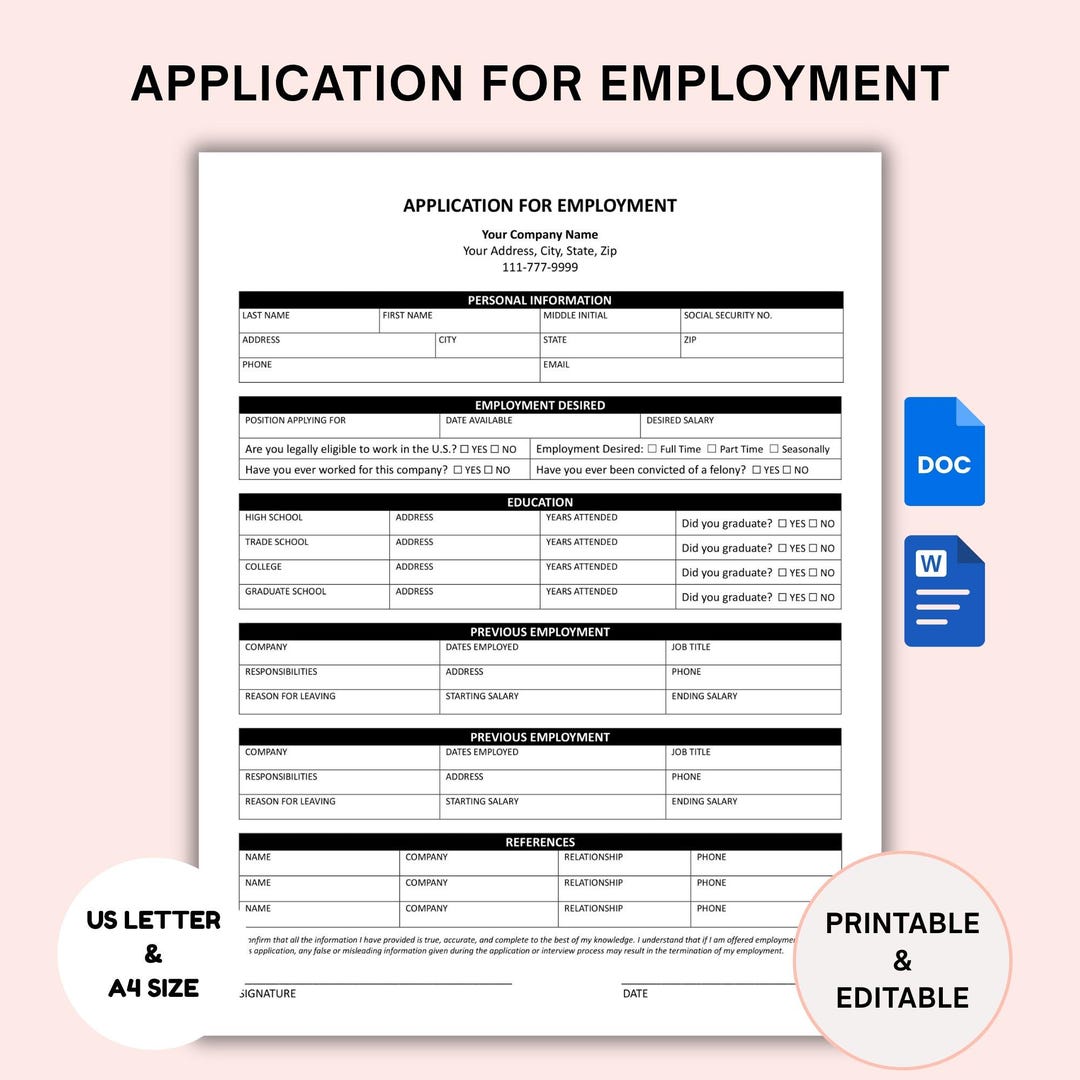 Editable Job Application Template: Google Docs & MS Word (instant ...