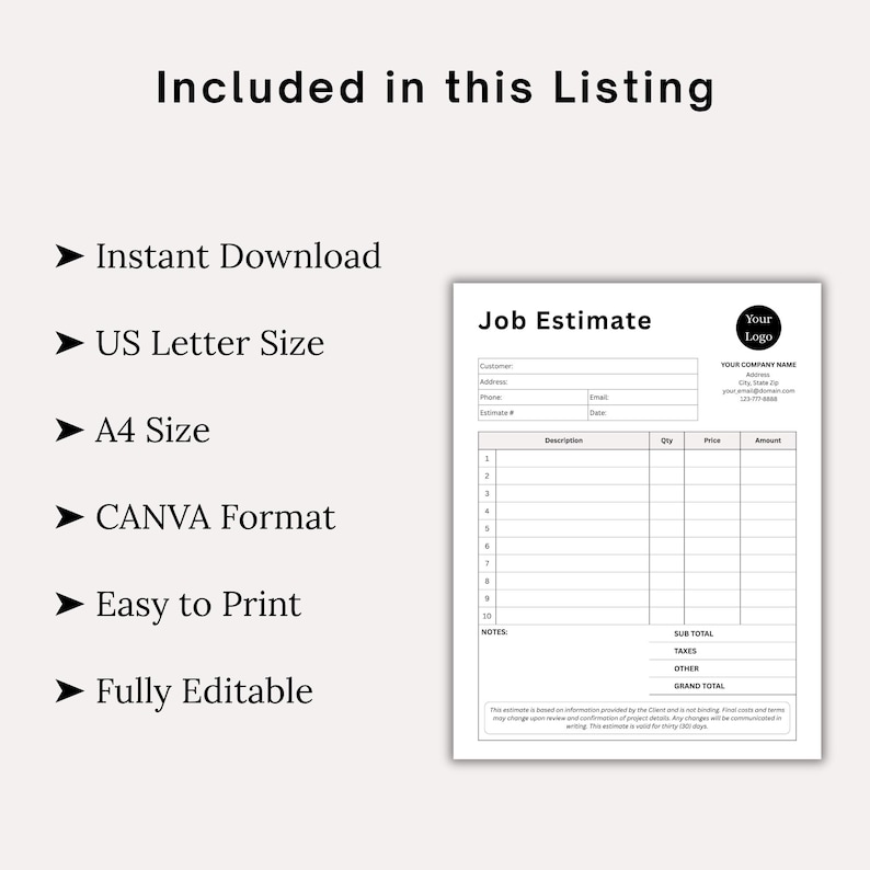 Job Estimate Template. Work Estimate Template. Editable Job Estimate ...