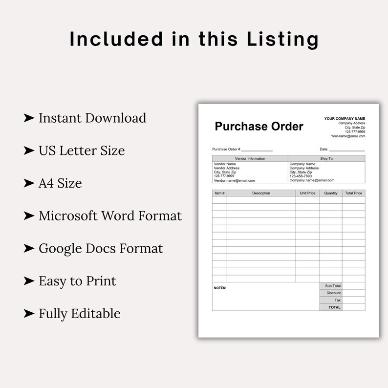 Purchase Order Template Editable Small Business, Purchase Order Form ...