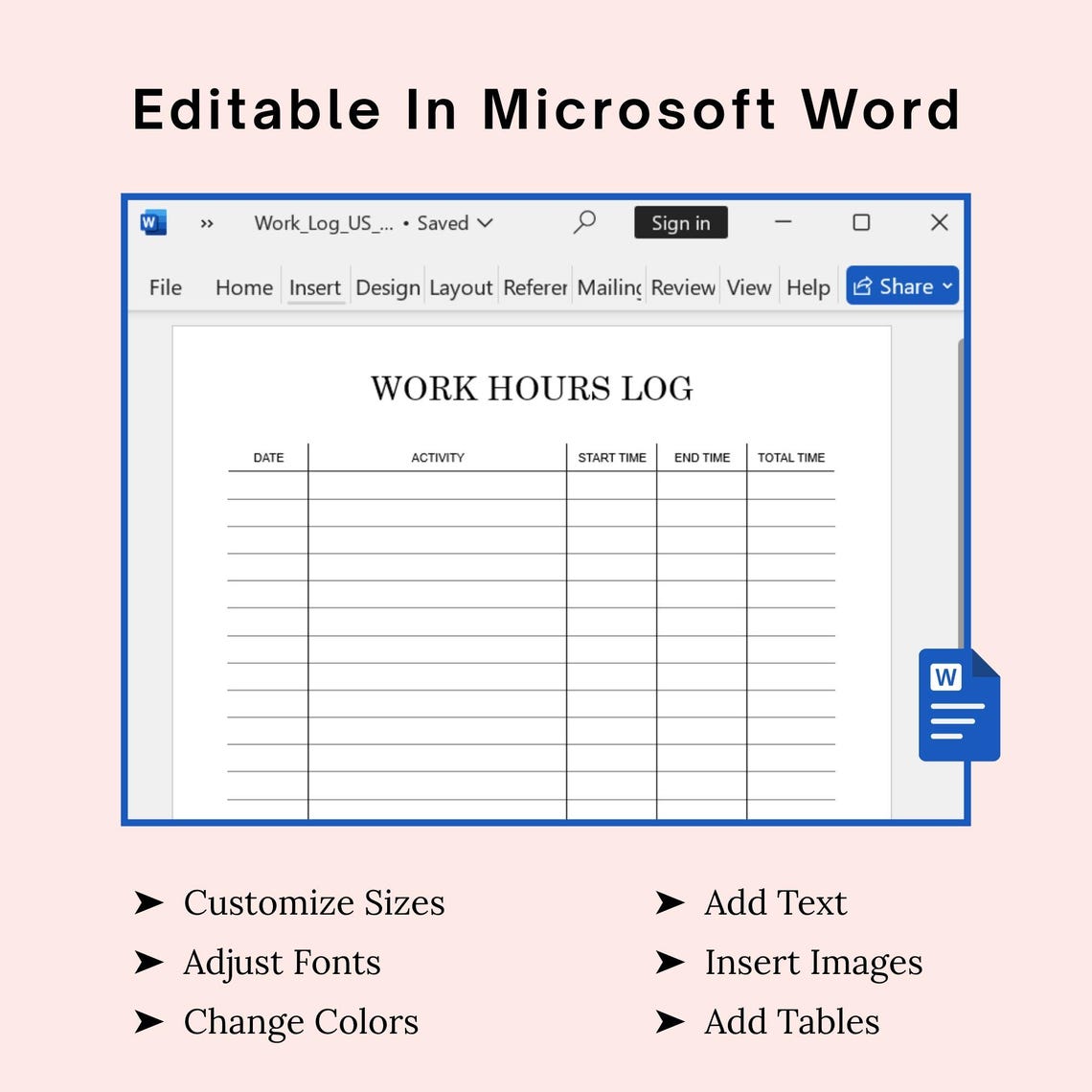 Work Log Printable: Time Sheet, Activity Tracker (PDF & WORD) - Etsy
