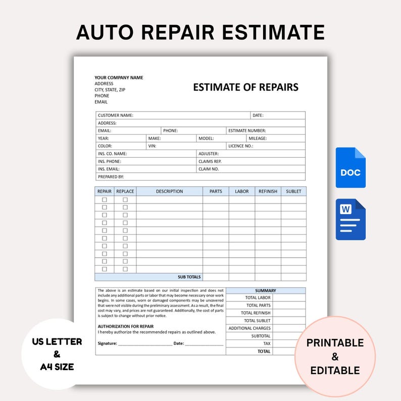 Editable Auto Repair Estimate Template. Automotive Service Invoice ...
