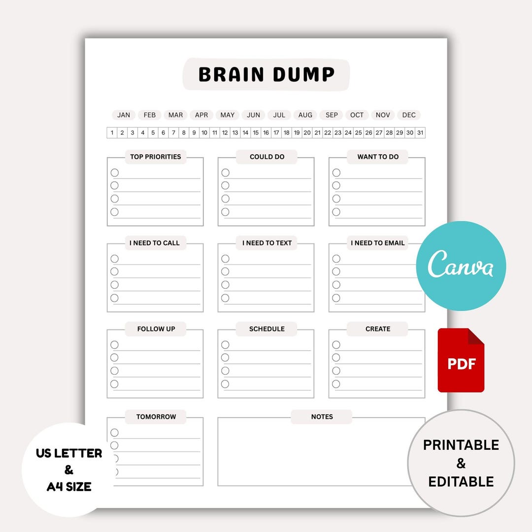 ADHD Brain Dump Template, Editable Daily Planner, Priority Matrix, Work ...