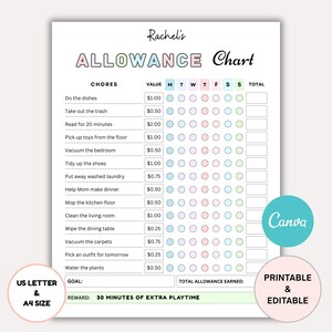 Editable Kids Chore Chart: Allowance Tracker, Responsibility Planner ...