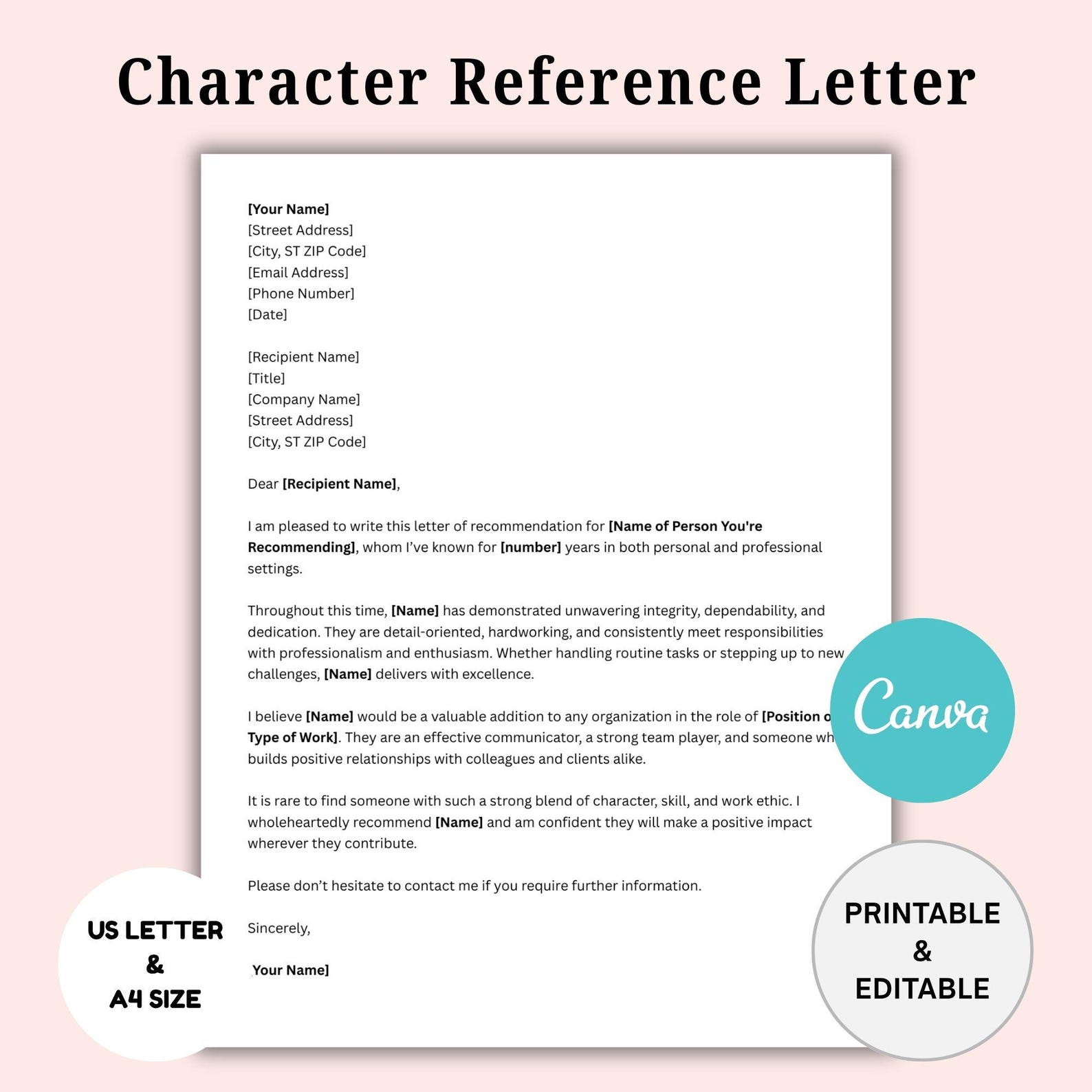 Editable Character Reference Letter Template: Printable Recommendation ...