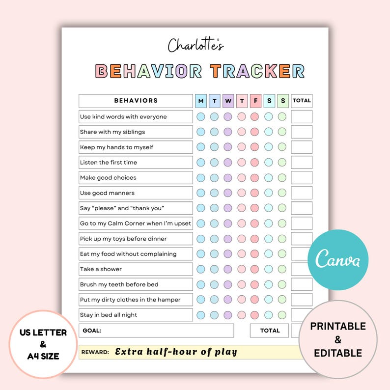 Printable Behavior Reward Chart for Kids: Editable Tracker (US Letter ...