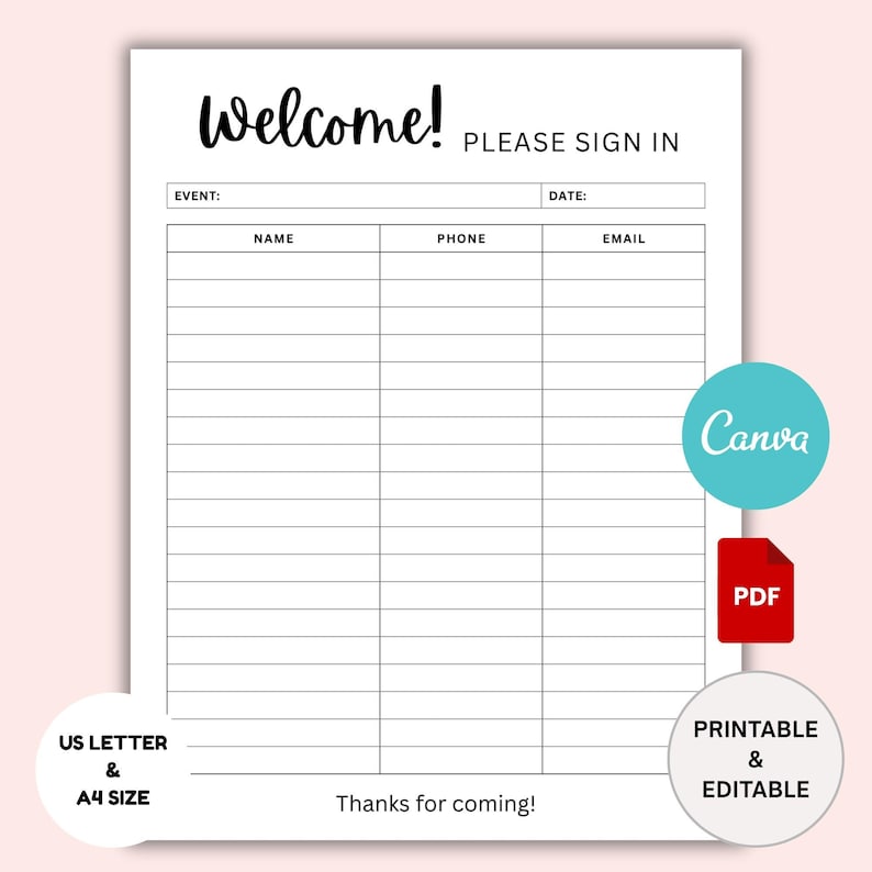 Printable Event Sign in Sheet | Open House Sign in Sheet Template ...