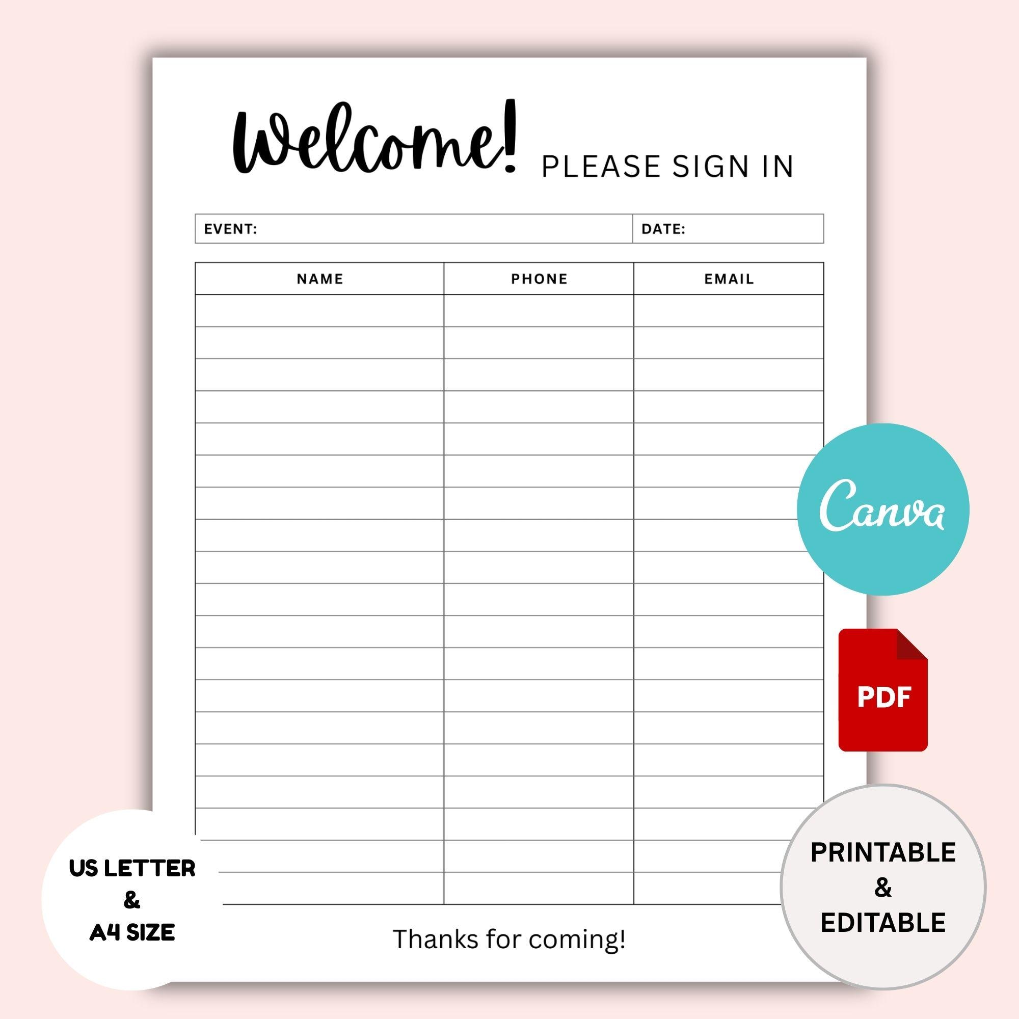 Printable Event Sign in Sheet | Open House Sign in Sheet Template ...