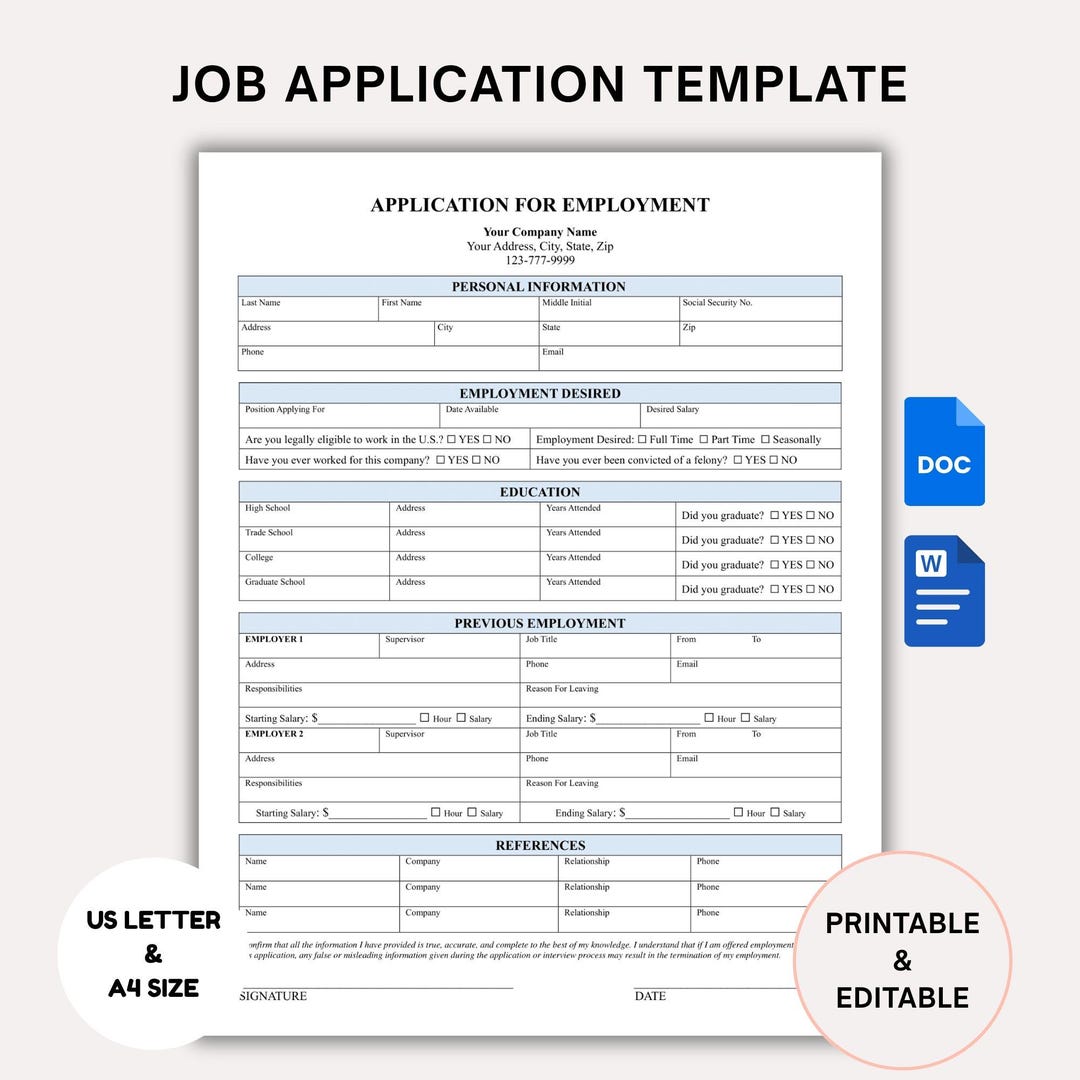 Application for Employment Form Editable | Job Application Template Printable | Employee ...