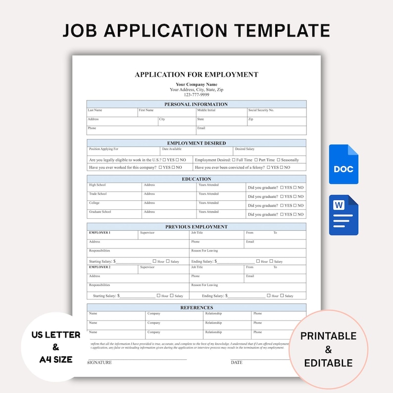 Editable Job Application Template: US Letter & A4 (google Docs, Word ...