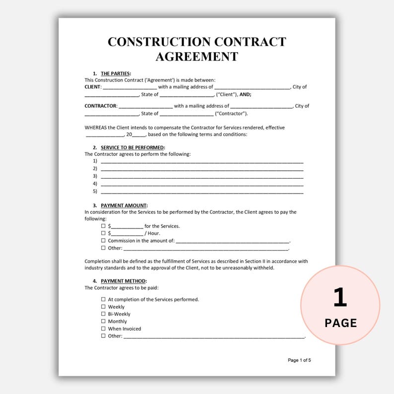 Editable Construction Contract Template: Printable Agreement Form (PDF ...