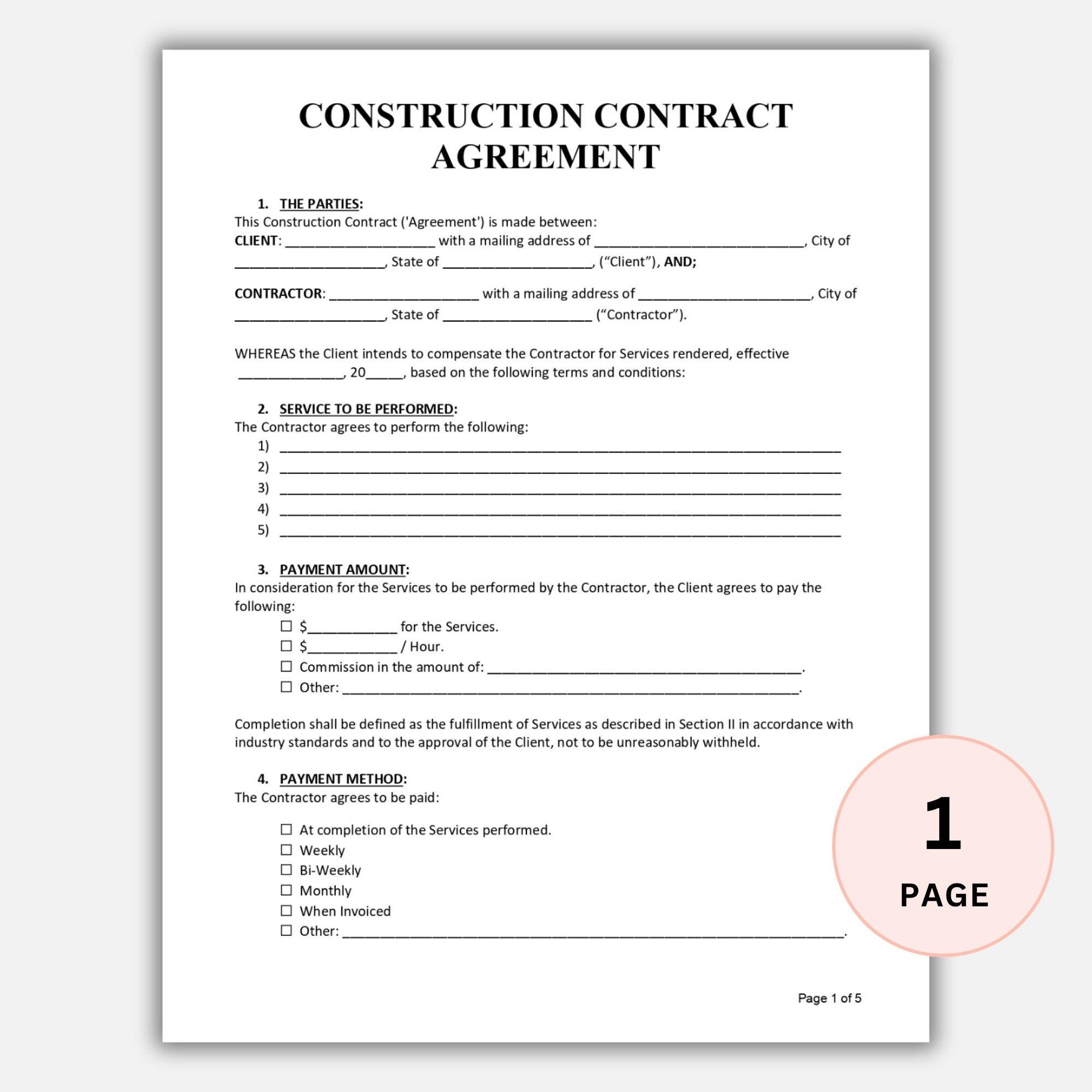 Editable Construction Contract Template: Printable Agreement Form (PDF ...