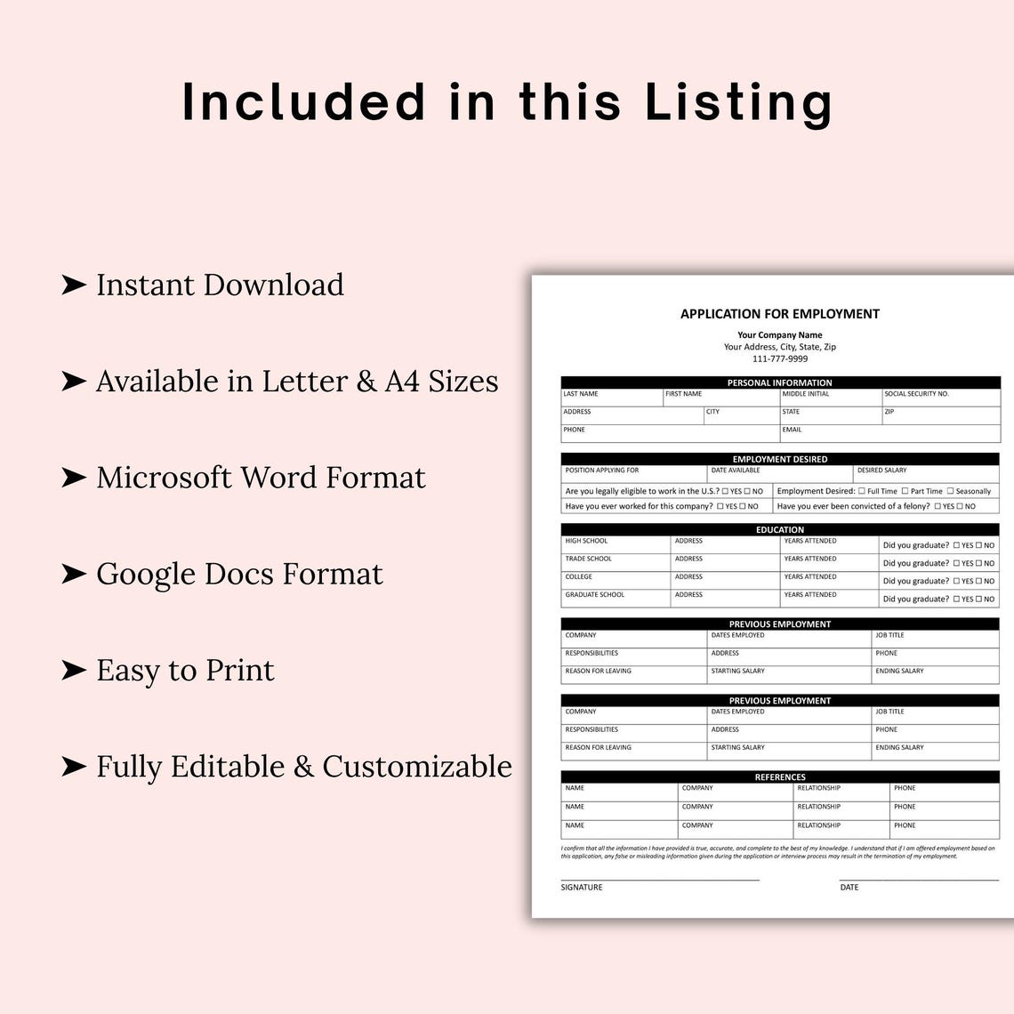 Editable Job Application Template: Google Docs & MS Word (instant ...