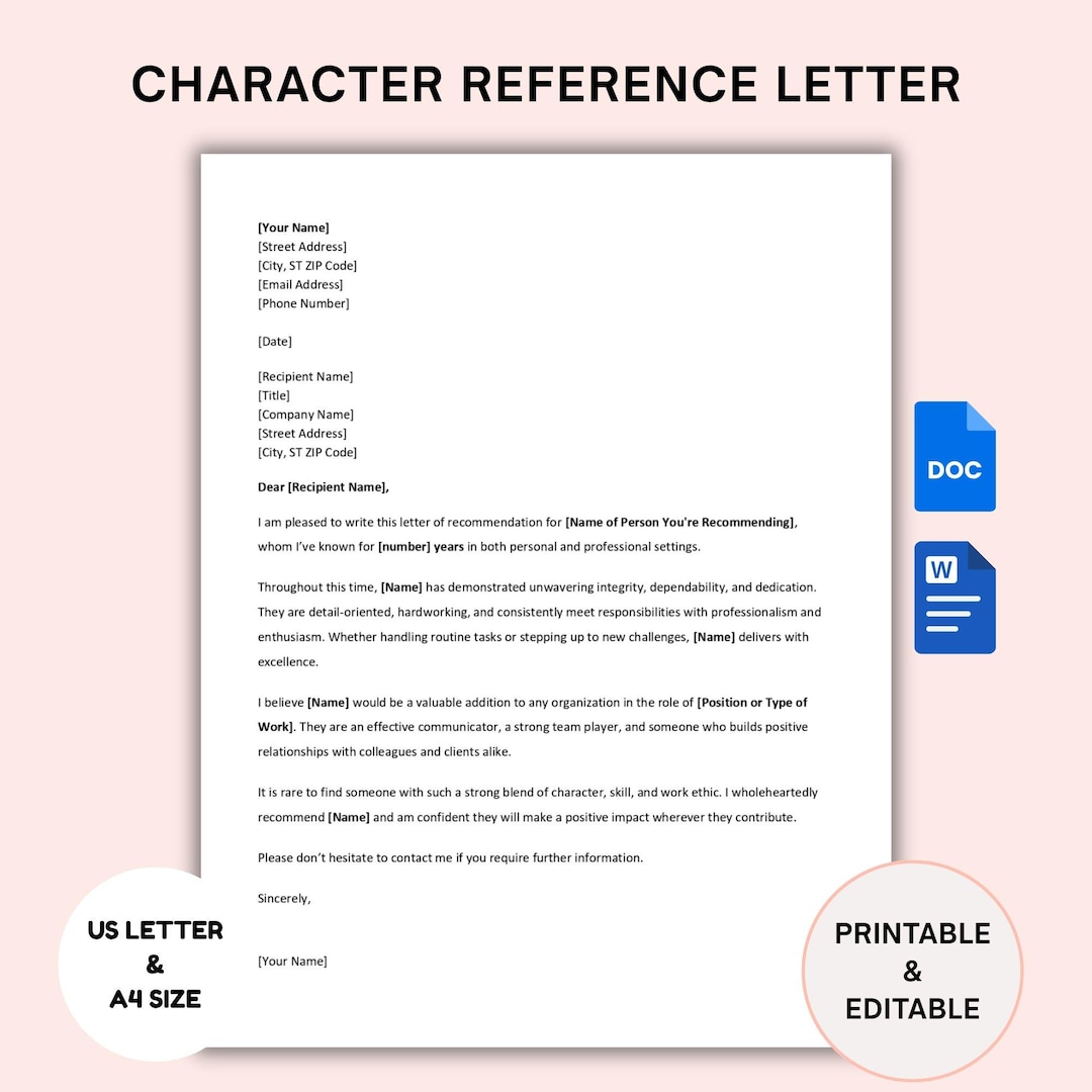 Character Reference Letter Template Professional Printable ...