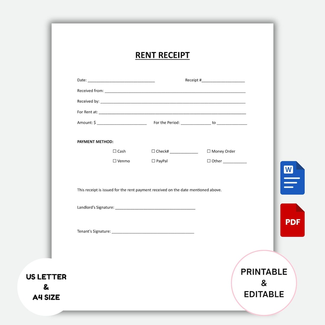 Editable Rent Receipt Template: Landlord Tenant Form (PDF & Word) - Etsy
