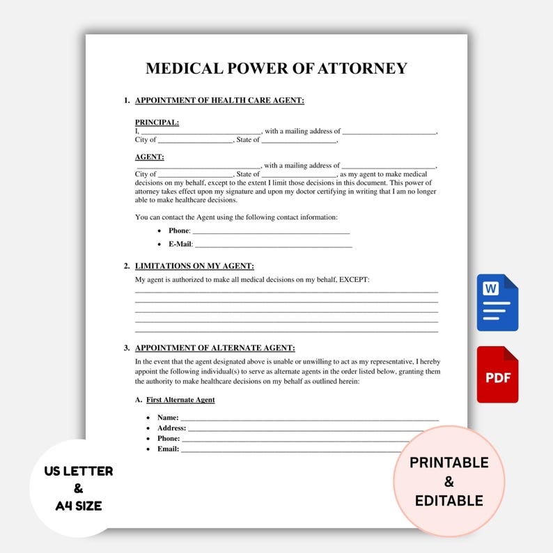 Medical Power of Attorney Form: Editable Word, PDF Template (instant ...