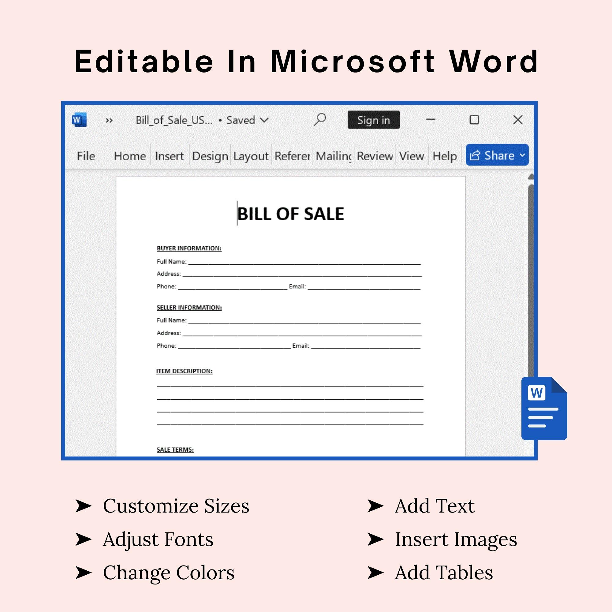 Printable Bill of Sale Template | Bill of Sale Form | Editable Sale ...