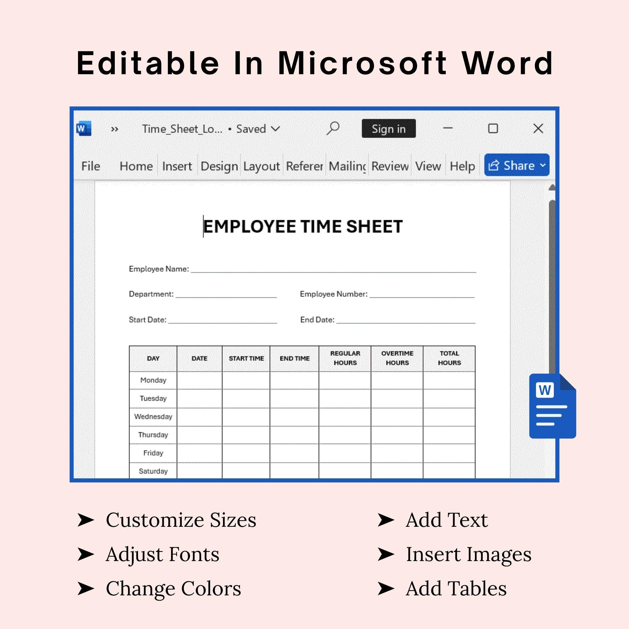 Employee Time Sheet Log Printable | Small Business Timecard Sheet ...