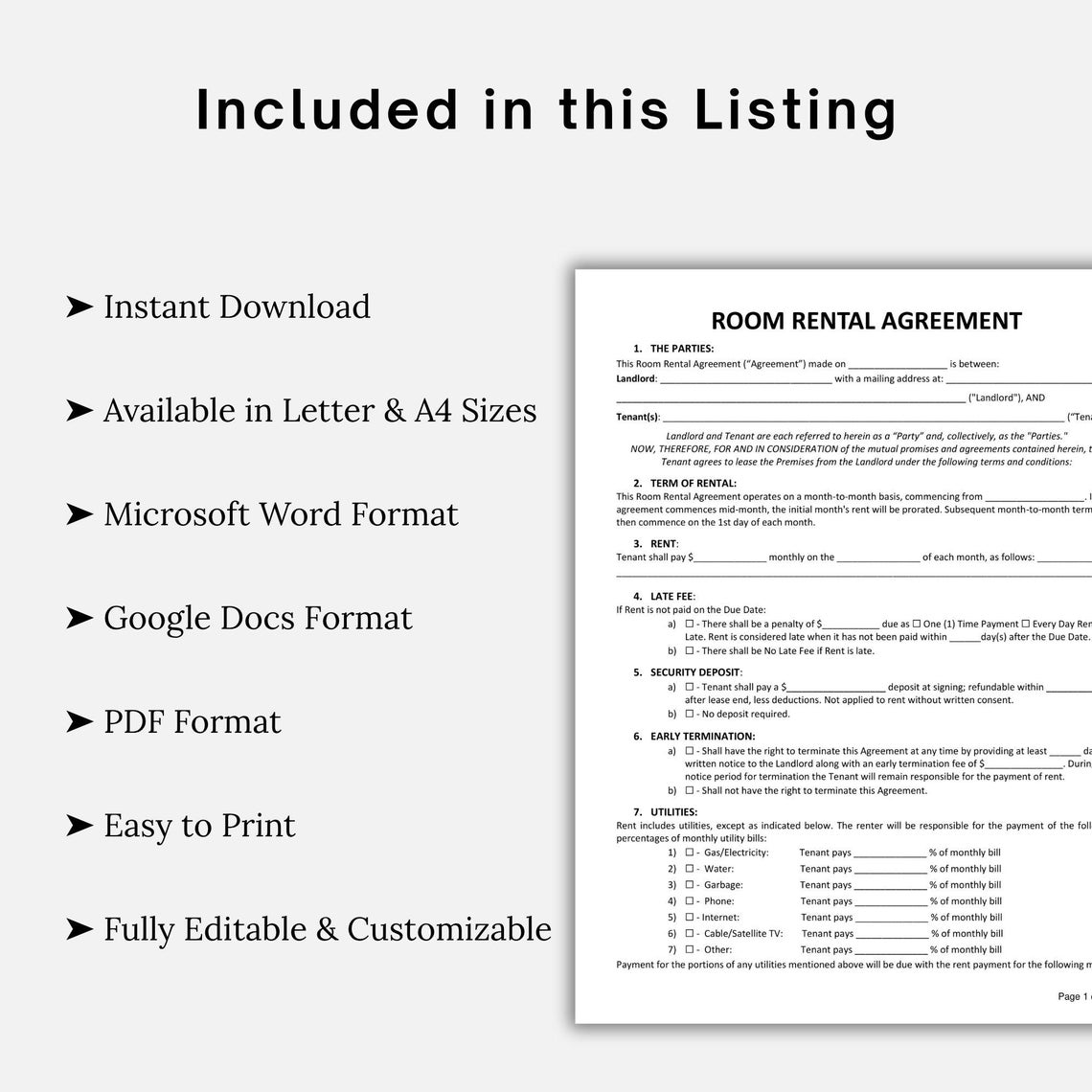 Room Rental Agreement Template Printable. Editable Room Tenancy ...