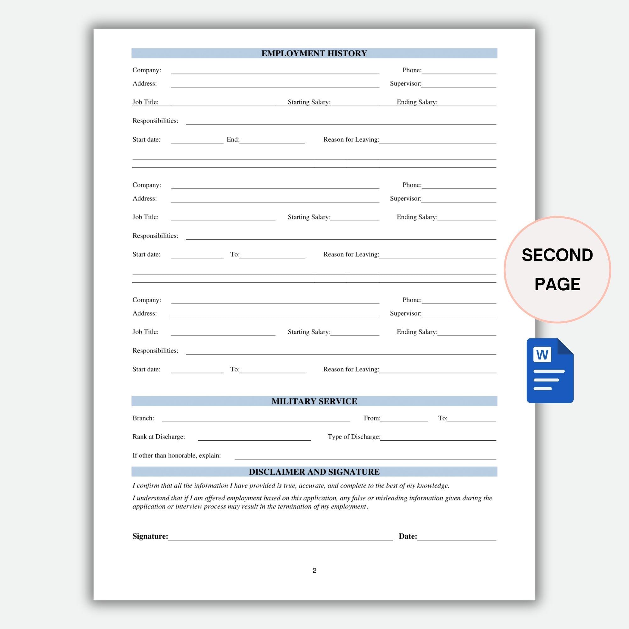 Editable Job Application Template: Microsoft Word, US Letter & A4 ...