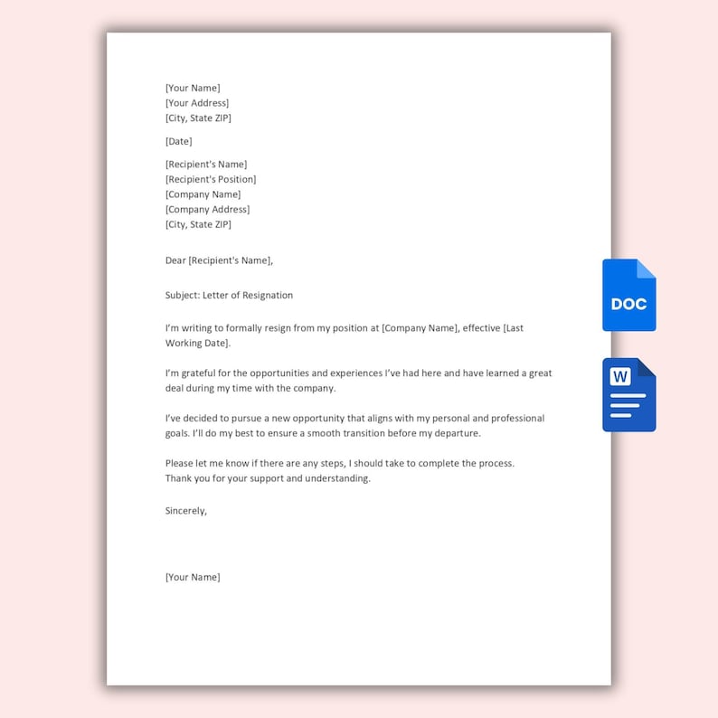 Professional Resignation Letter Template Editable | Notice Letter Form ...