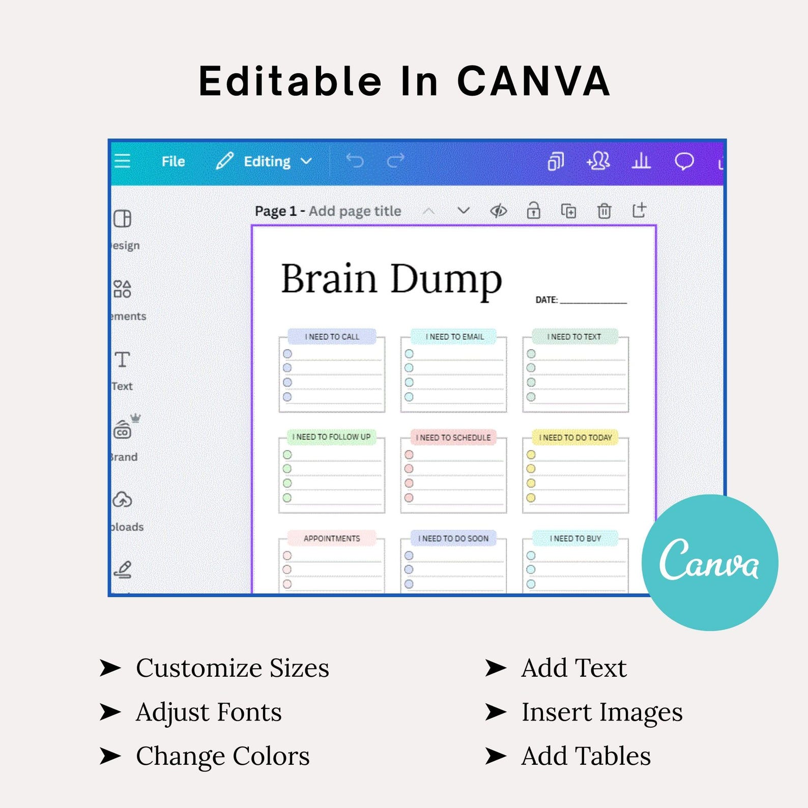 Editable ADHD Brain Dump, Printable ADHD Daily Planner, to Do List Template, Productivity ...