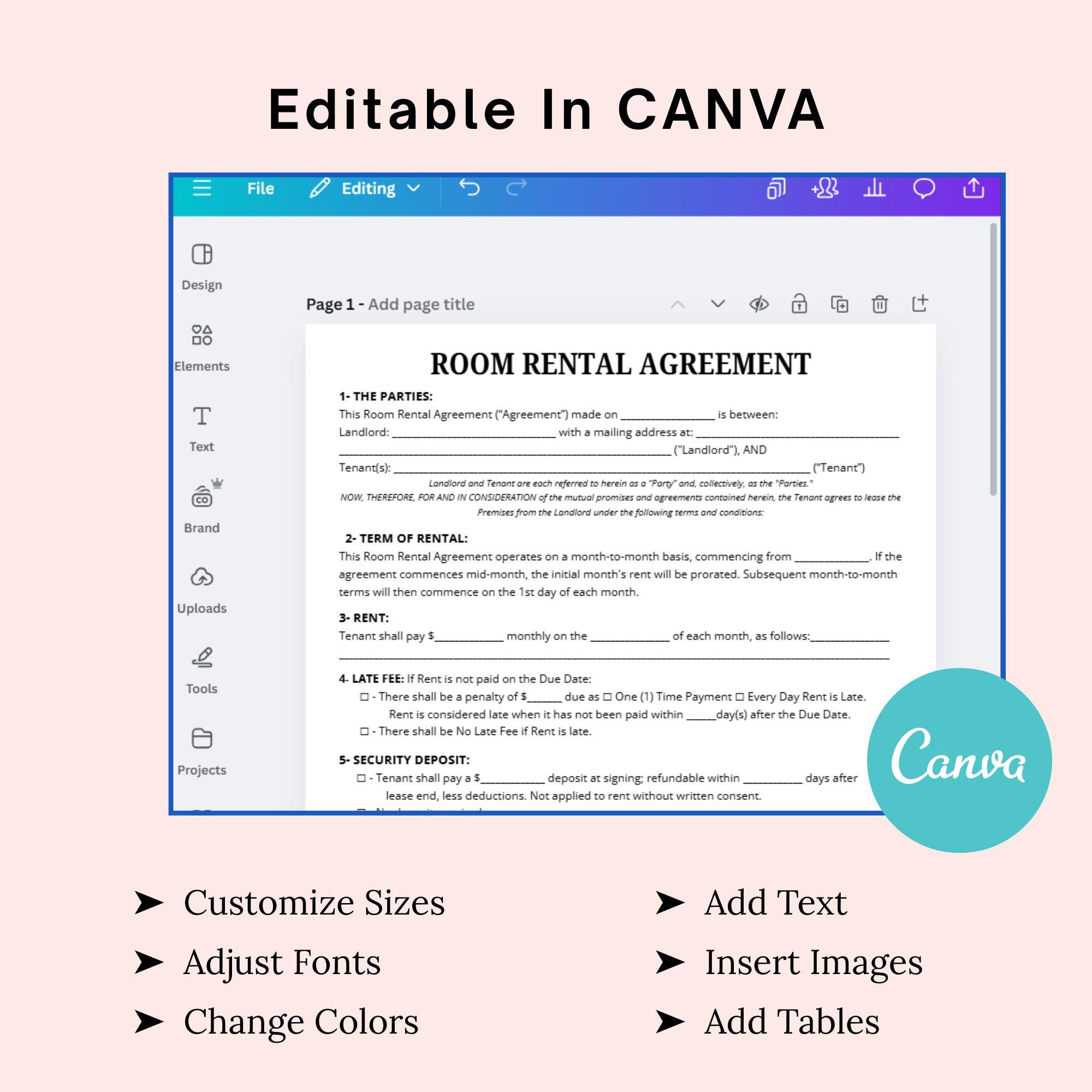 Simple Room Rental Agreement Template, Room Tenancy Contract, Printable ...