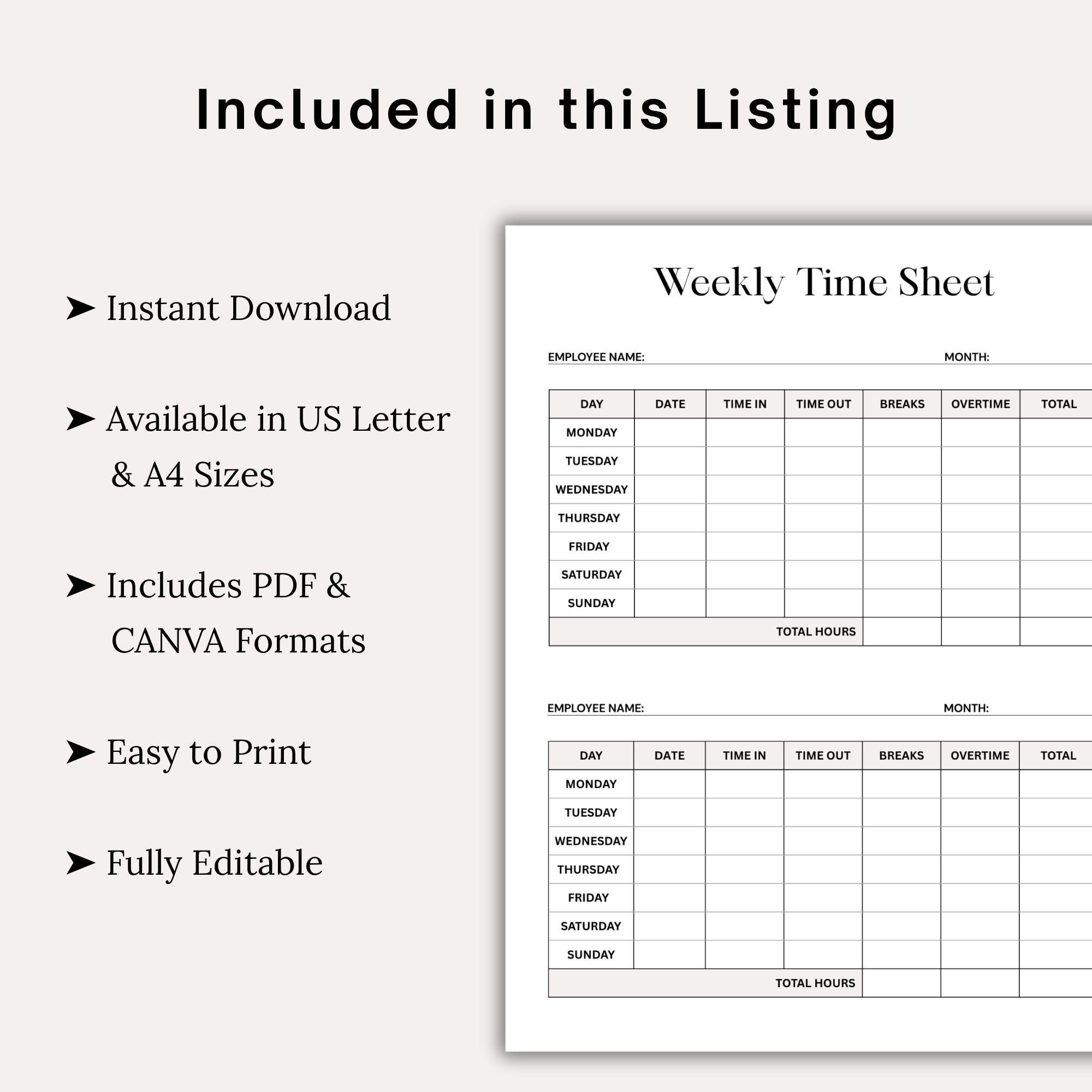 Weekly Employee Timesheet Printable: Small Business Timecard (CANVA ...